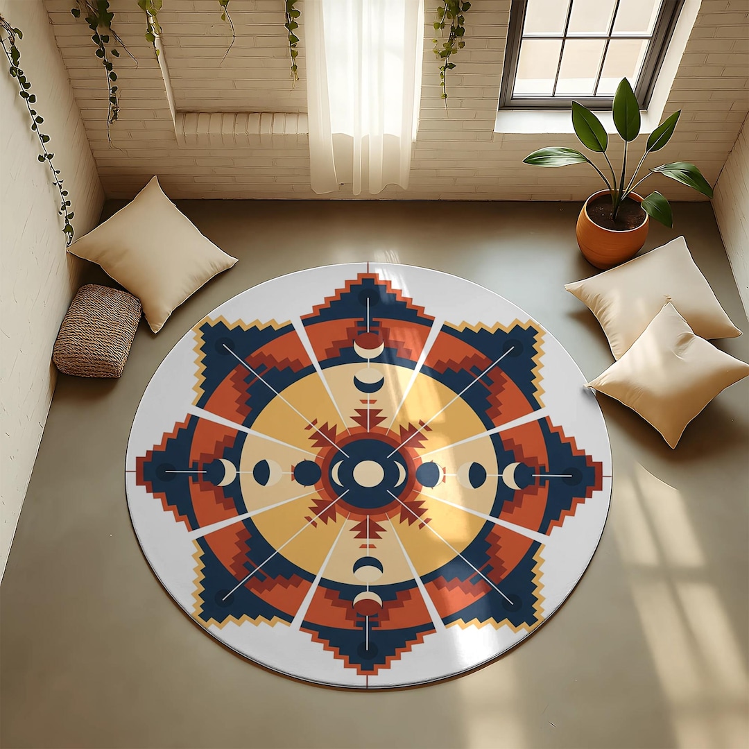 Boho Moon Phase Round Rug – Tribal Mandala, Celestial Decor - Etsy