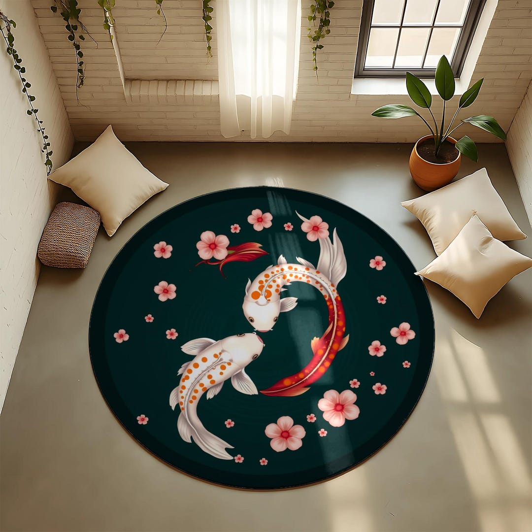 Koi Fish Round Rug, Cherry Blossom Design, Japanese Floor Mat - Etsy