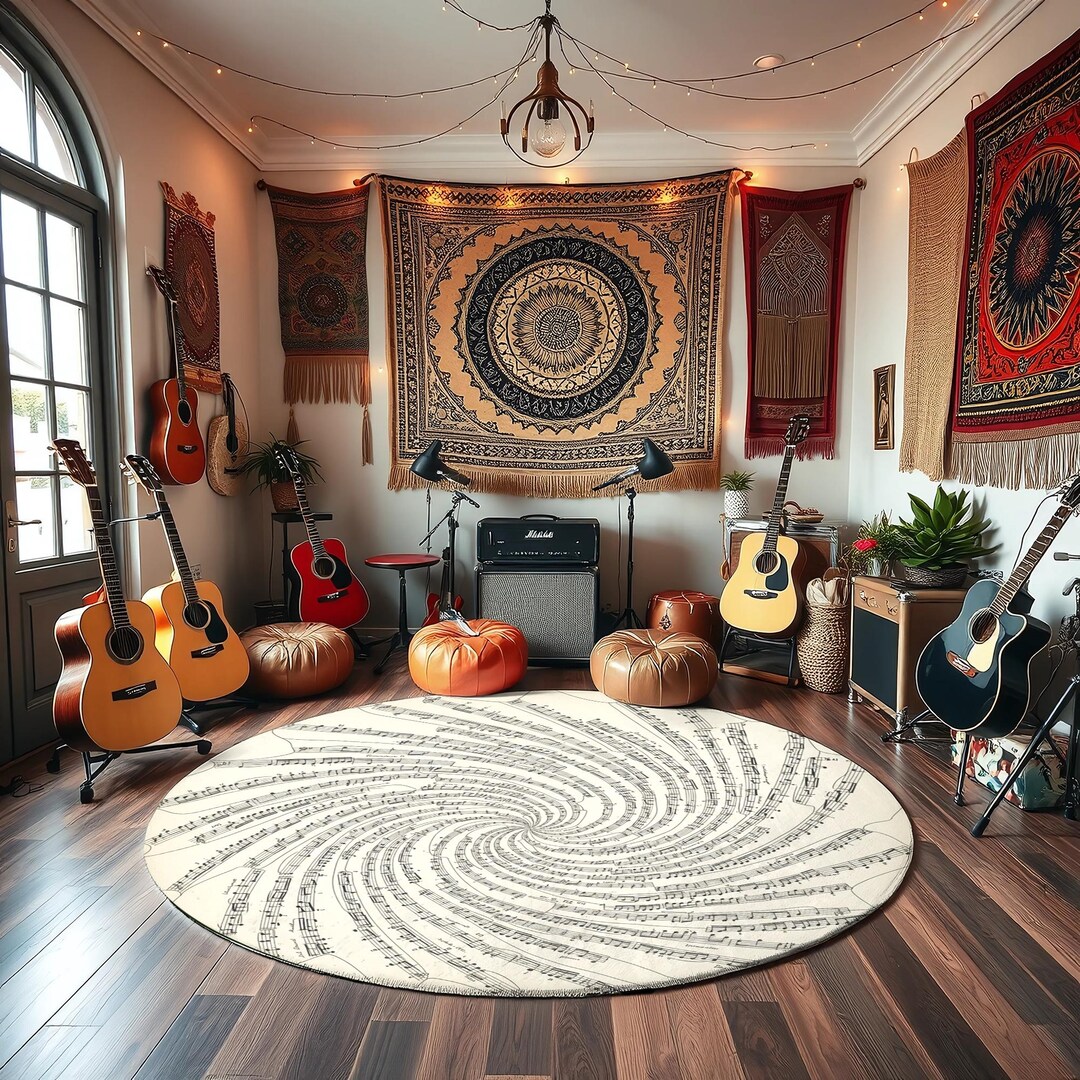 Modern Spiral Music Sheet Rug – Minimalist Round Carpet for Musicians ...
