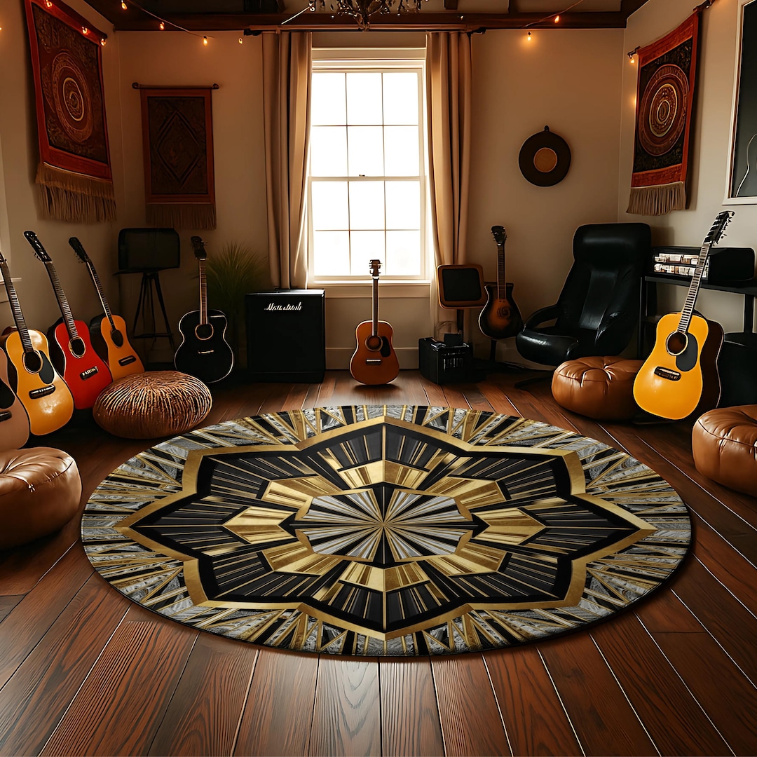 Art Deco Round Rug | Black, Gold Starburst, Geometric Design - Etsy