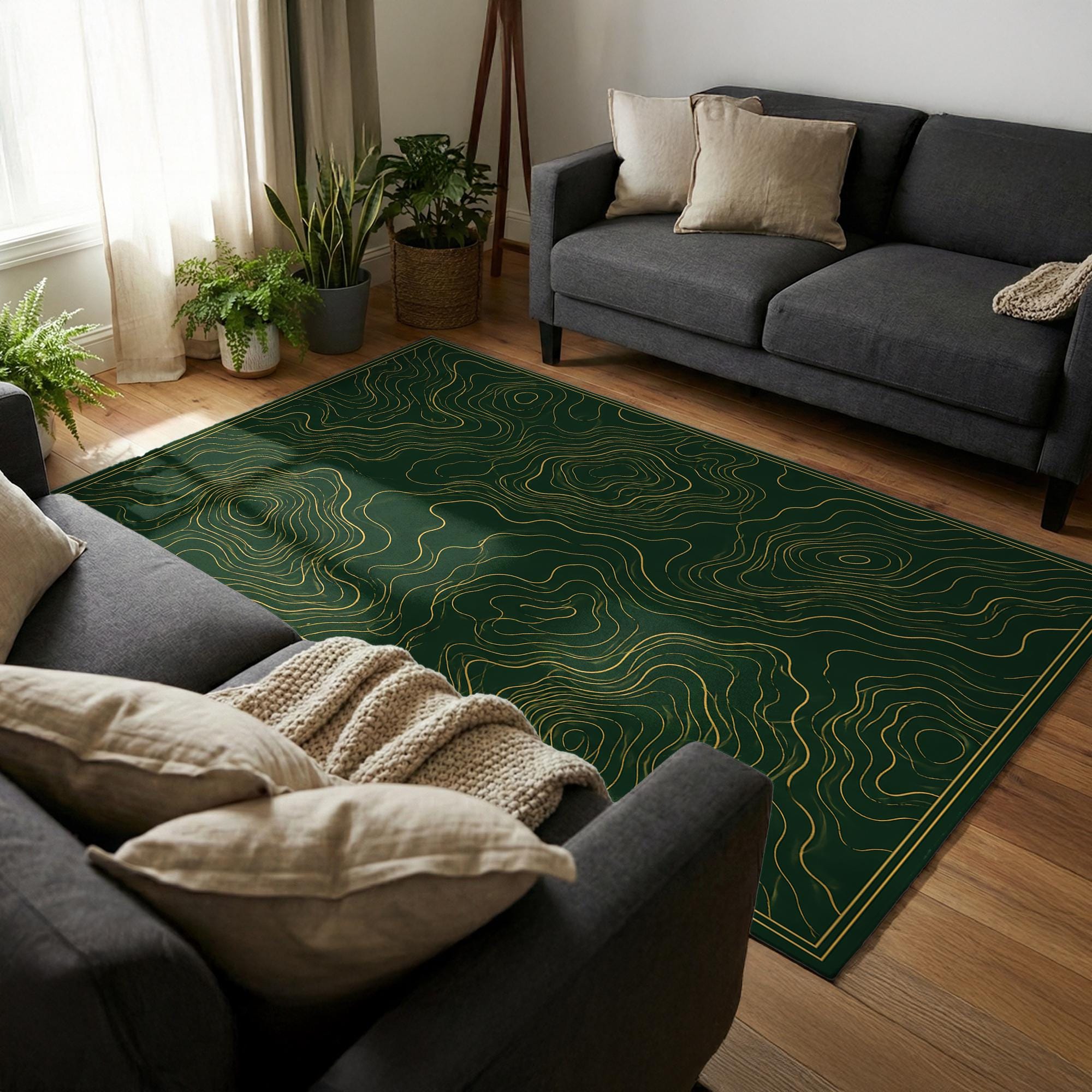 Modern Abstract Topographic Map Rug, Green Line Art Area Rug ...