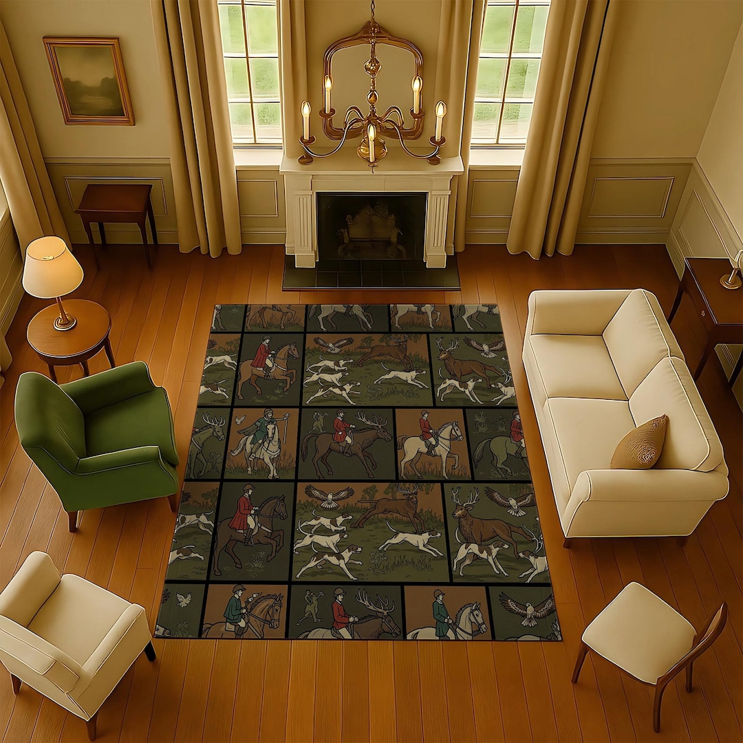 Vintage Hunting Scene Rug – Equestrian Wildlife Tapestry Carpet - Etsy