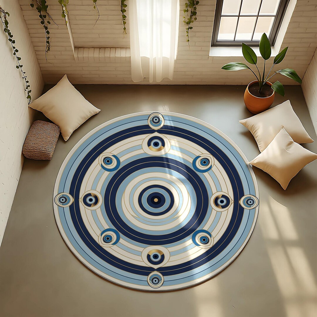 Evil Eye Harmony Rug – Blue & Gold Nazar Circle Round Carpet - Etsy
