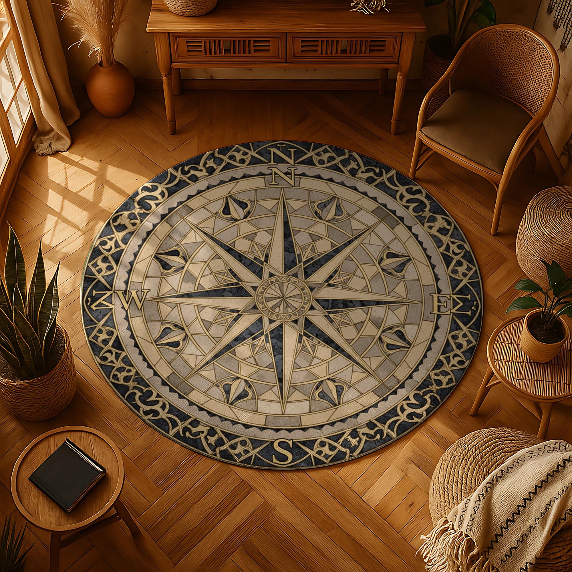 Antique Compass Rose Rug – Vintage Nautical Navigation Design Round ...