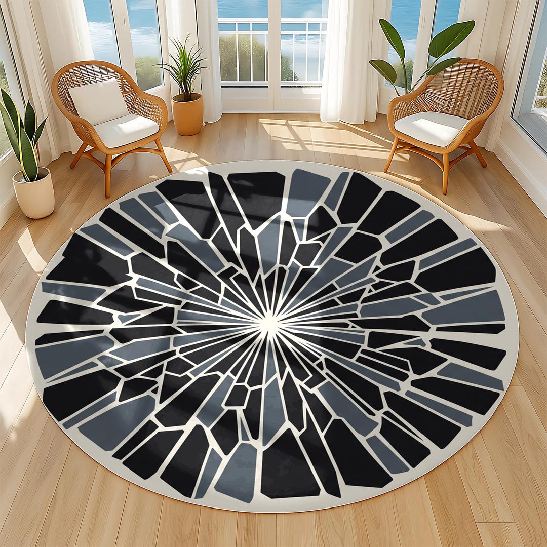 Shattered Glass Rug – Black & Gray Modern Abstract Round Rug With ...