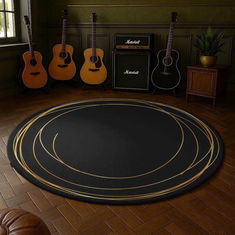 Luxury Black Gold Round Rug, Modern Abstract Area Carpet, Elegant ...