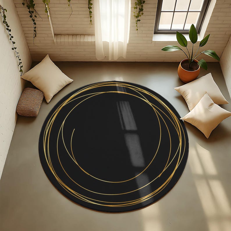 Luxury Black Gold Round Rug, Modern Abstract Area Carpet, Elegant ...
