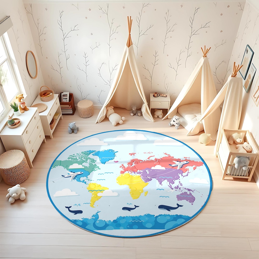 World Map Playmat Round Rug, Kids Educational Area Rug, Travel Nursery ...