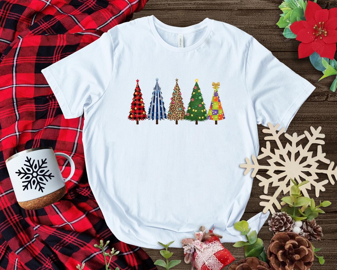 Christmas Trees in a Row T-shirt, Five Festive Holiday Tree Designs ...