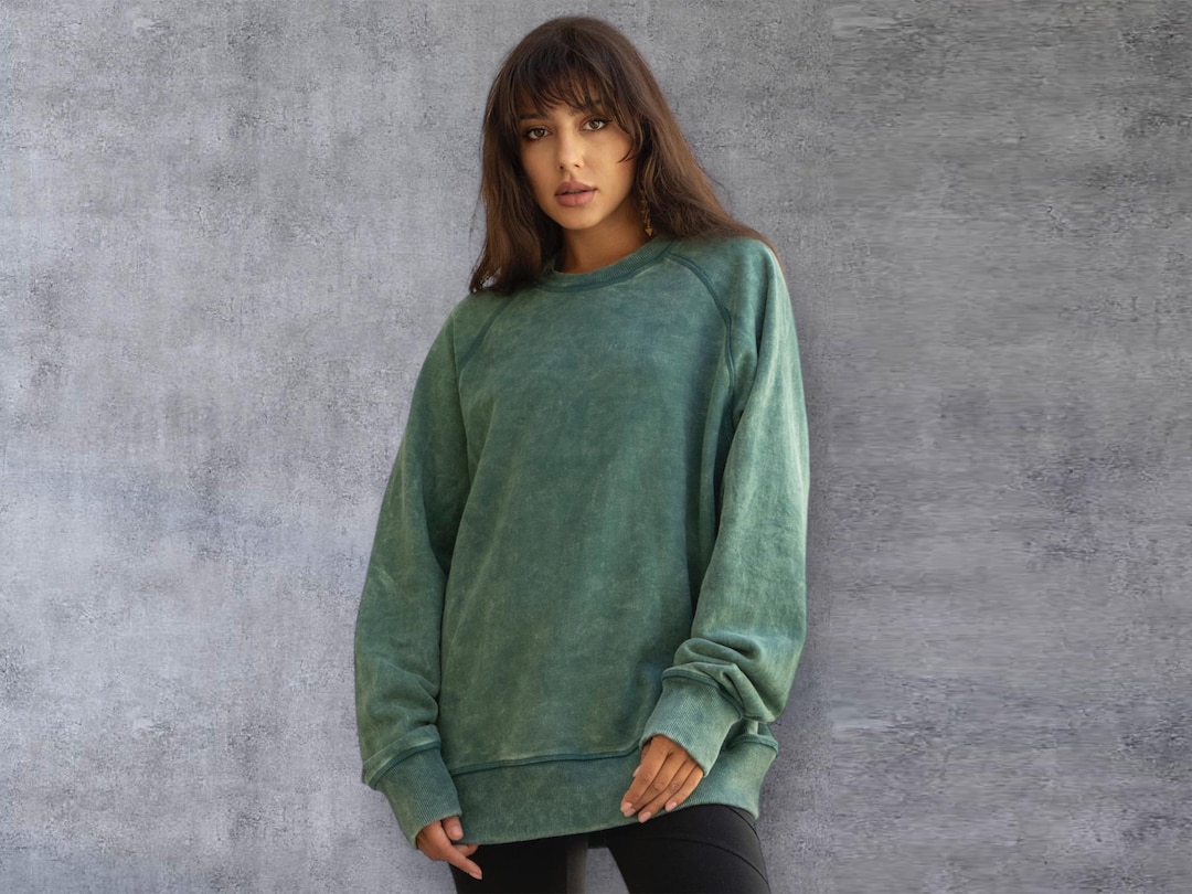 Stonewashed Cotton Fleece Sweatshirt With Rib Details: Relaxed Unisex ...