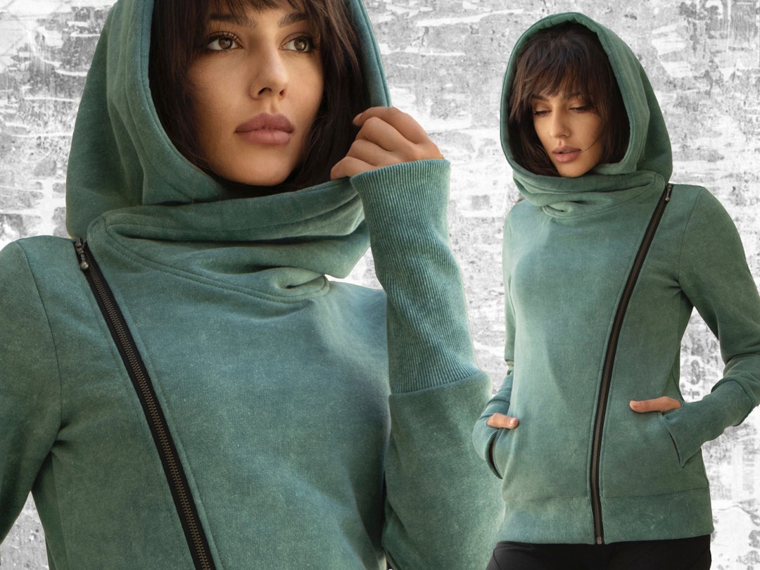 Asymmetrical Zip Hoodie: Warm Cotton Fleece - High Collar Sweatshirt ...