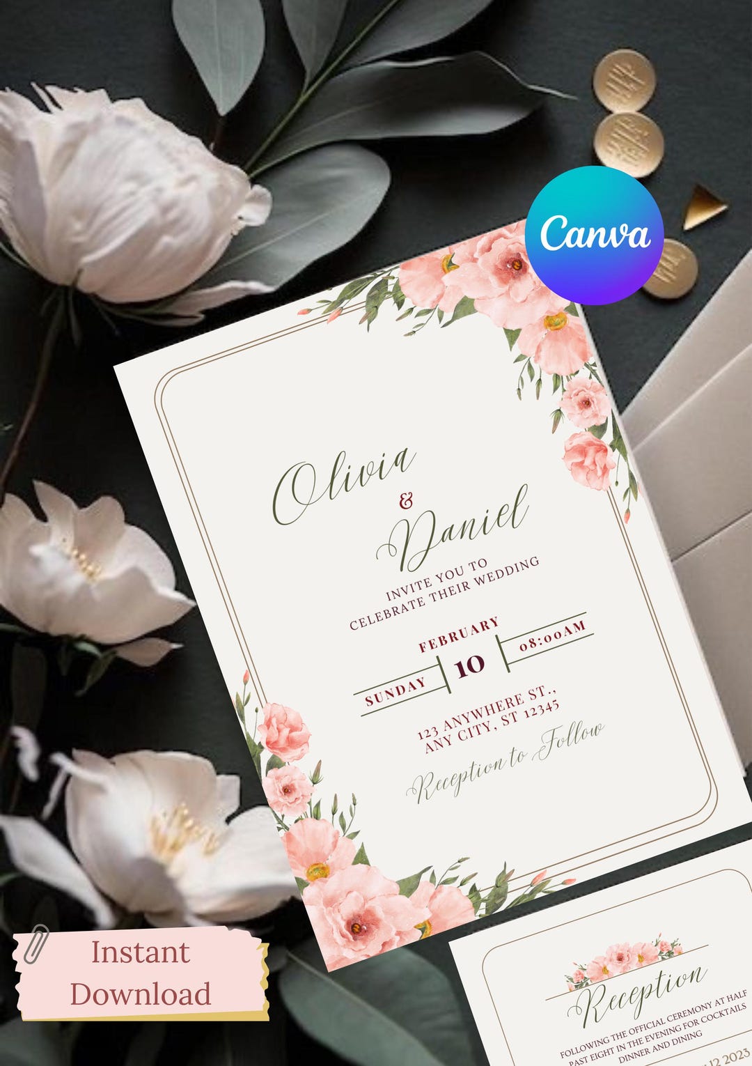 Editable Wedding Invitation & Reception Boho Invit | Canva Template ...