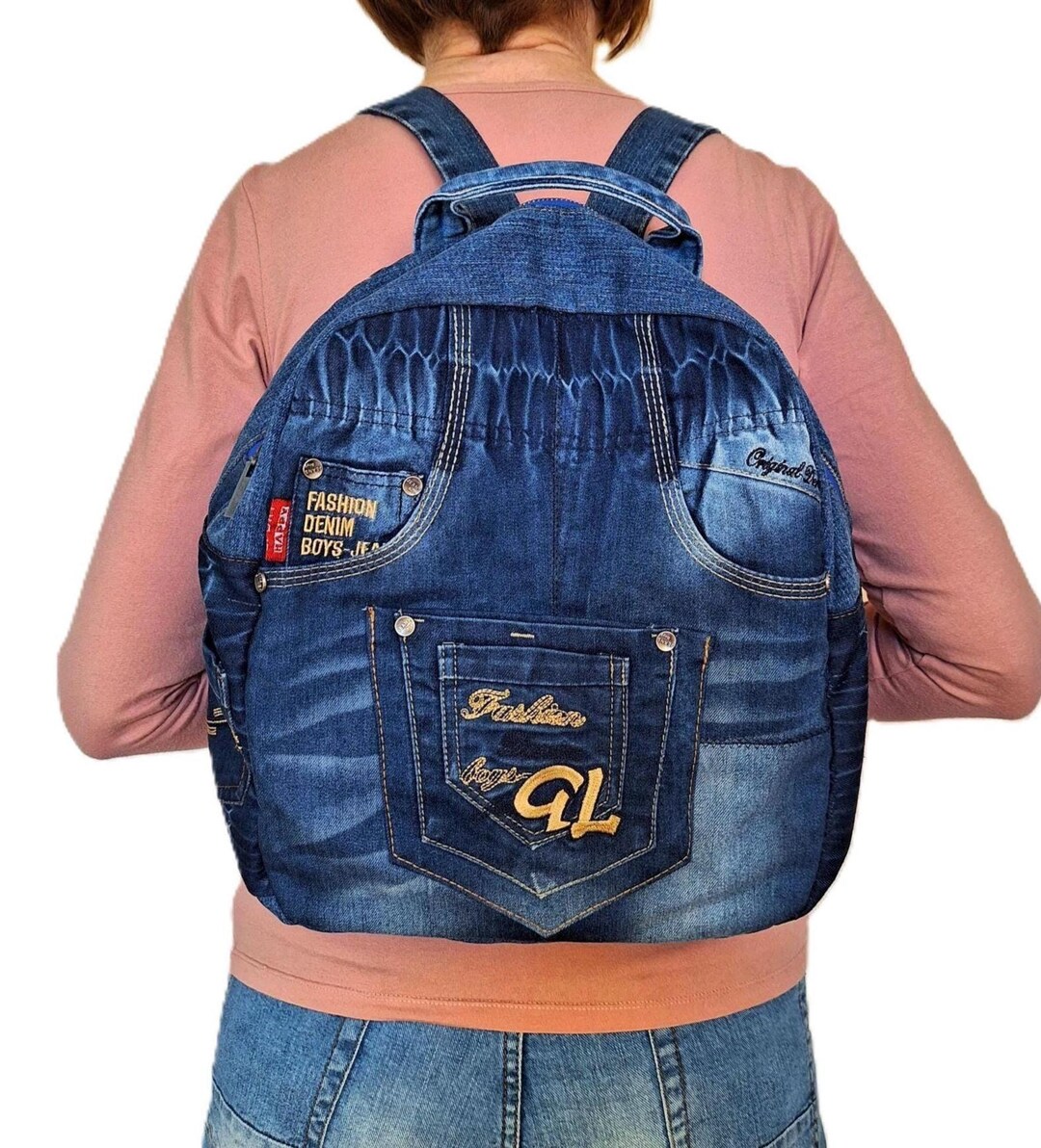 Recycled Denim Backpack Large Travel Jean Rucksack Blue Jean Backpack ...