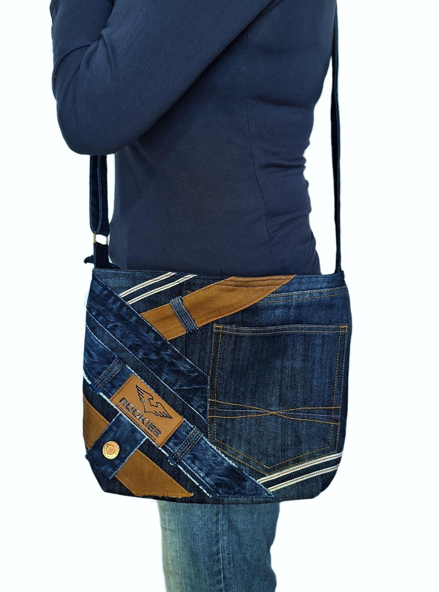 Upcycled Jean Crossbody Bag: Striped Denim Shoulder Purse, Denim ...