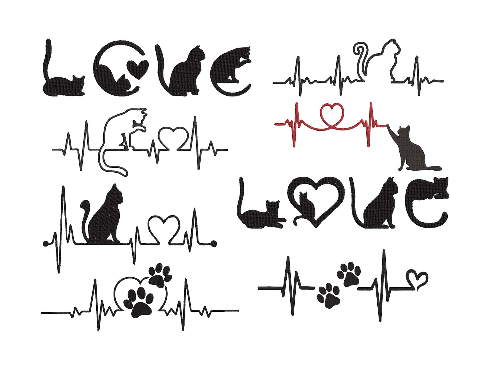 Cat Silhouette Bundle Embroidery Design, Cats With Heart and Heart Beat ...