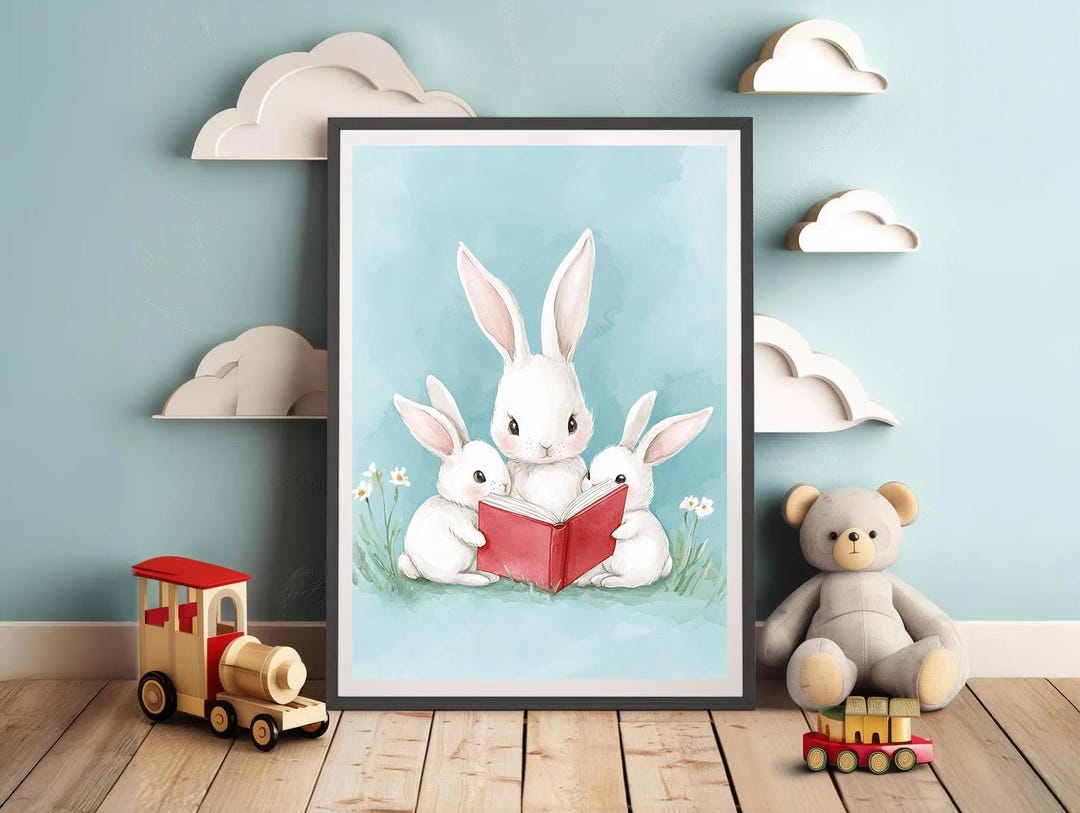 Kids Reading Poster, Cute Rabbits Print, Playroom & Nursery Decor ...