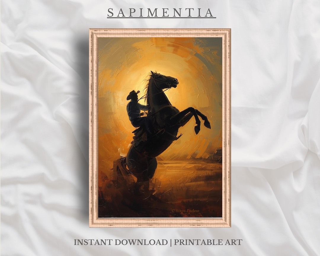 Baroque Style Cowboy Horse Oil Painting, Dramatic Sunset Silhouette ...
