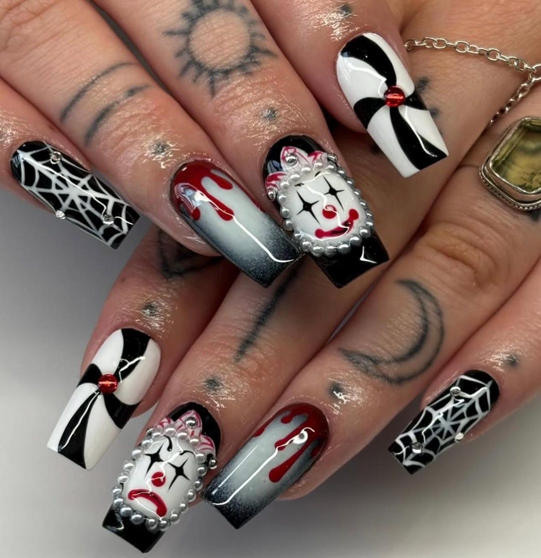 Handmade Gothic Clown Press on Nails – Spider Web & Blood Design - Etsy