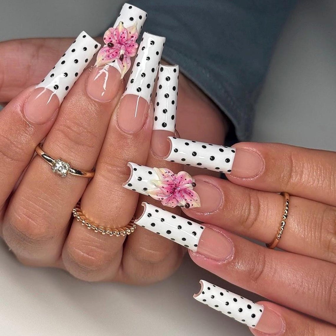 Long Square Press on Nails, White Polka Dot French With Pink 3D Flowers ...
