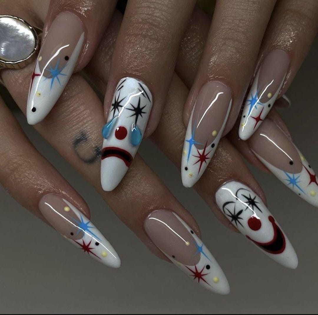 Halloween Clown Nails With Crying & Smiling Faces | Long Almond French ...