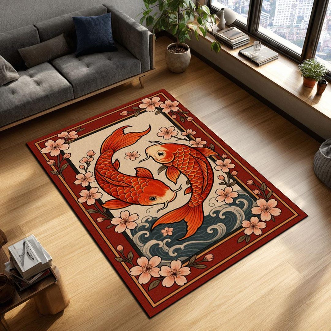 Koi Fish Rug With Sakura Flowers, Japanese Style Carpet, Red Orange ...