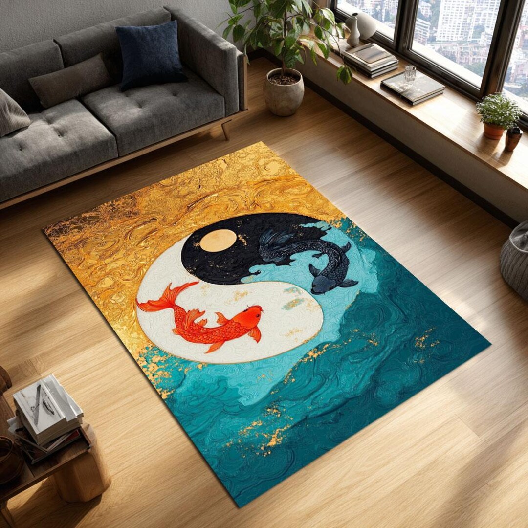 Yin Yang Koi Fish Rug, Golden Turquoise Black Mystical Carpet, Japanese ...