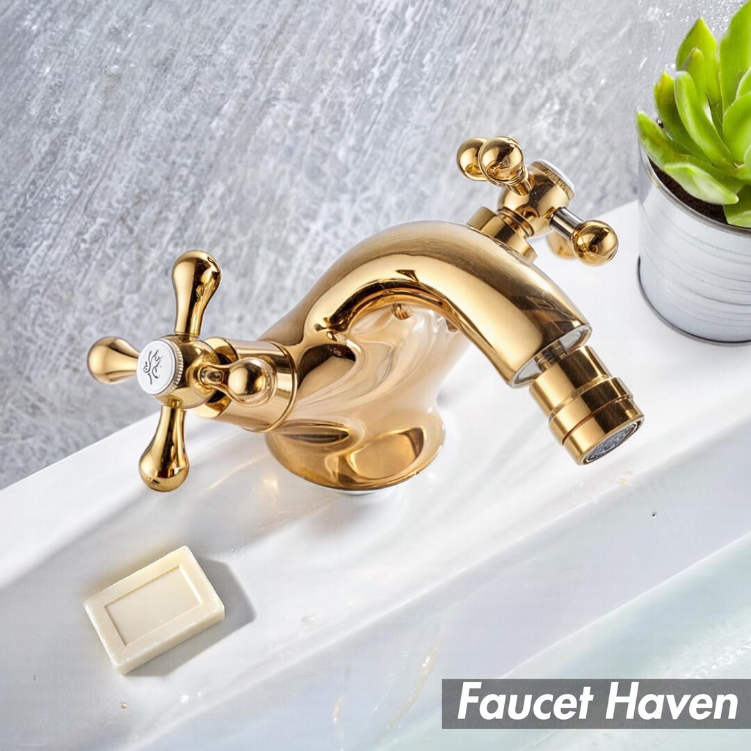 Golden Bidet Faucet Two Swivel Handles Bathroom Vessel Sink Tap Single ...