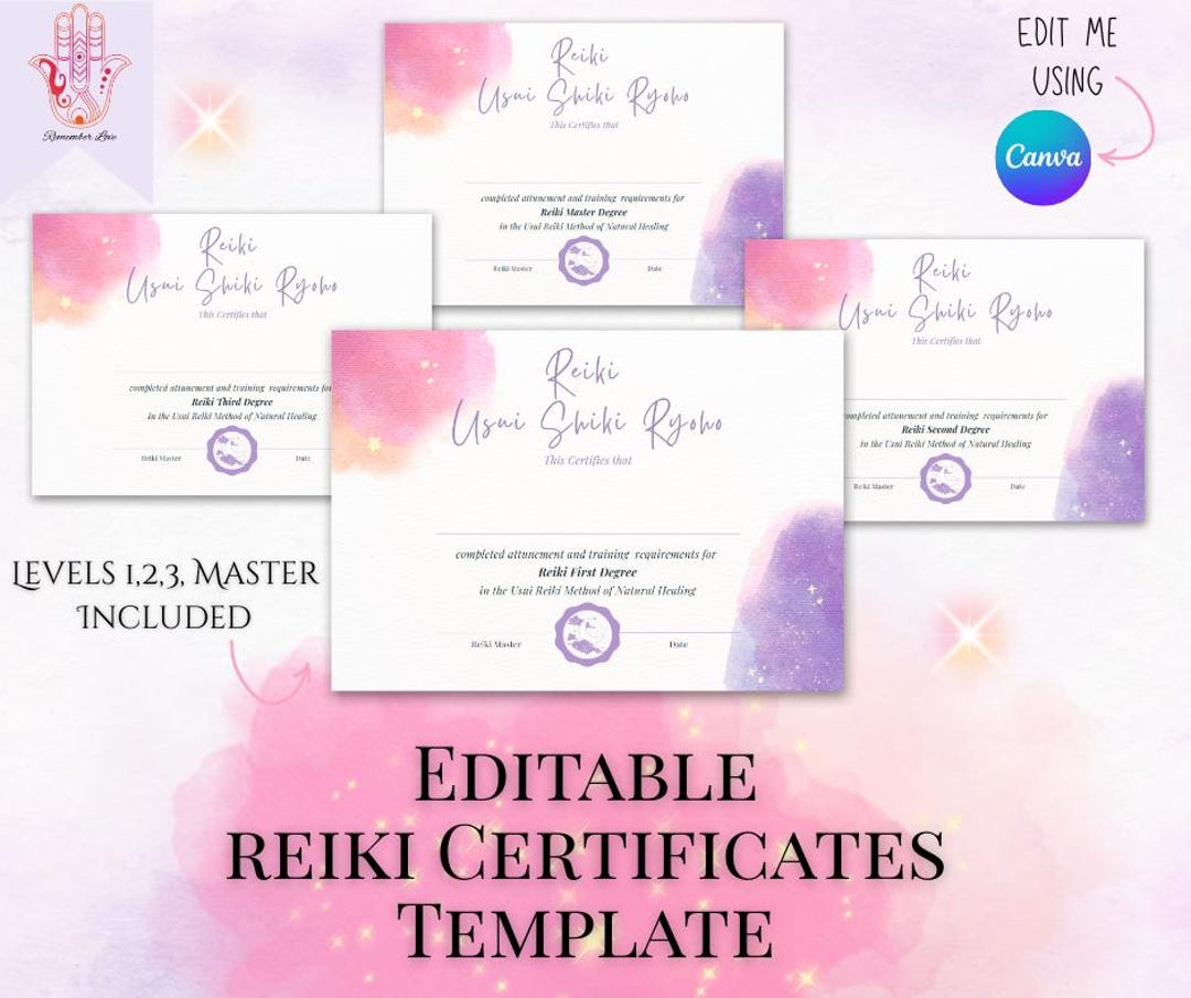 Editable Reiki Certificate Template: All Levels Canva Design (printable ...