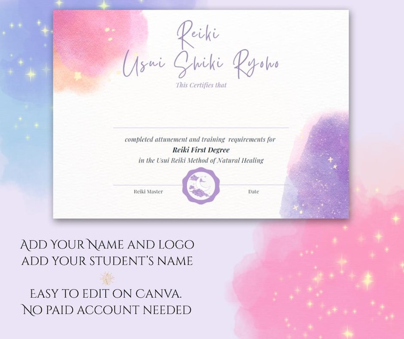 Editable Reiki Certificate Template: All Levels Canva Design (printable ...