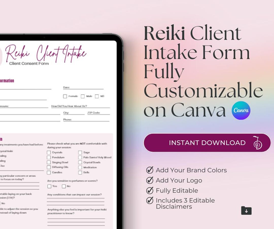 Customizable Reiki Client Intake Form: Editable Consent (digital ...