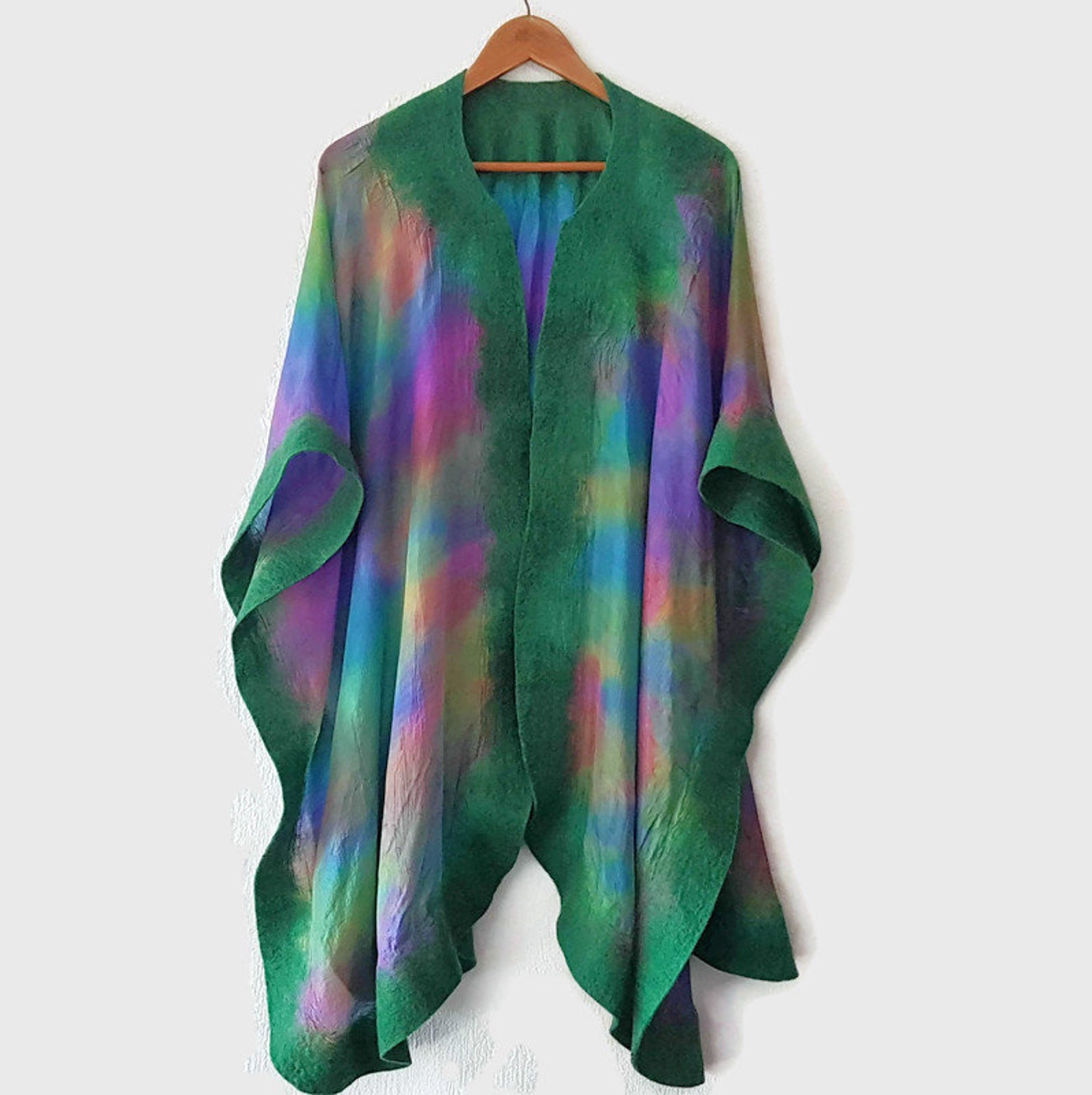 Multicolored silk poncho with green felted edges silk ruana | Etsy