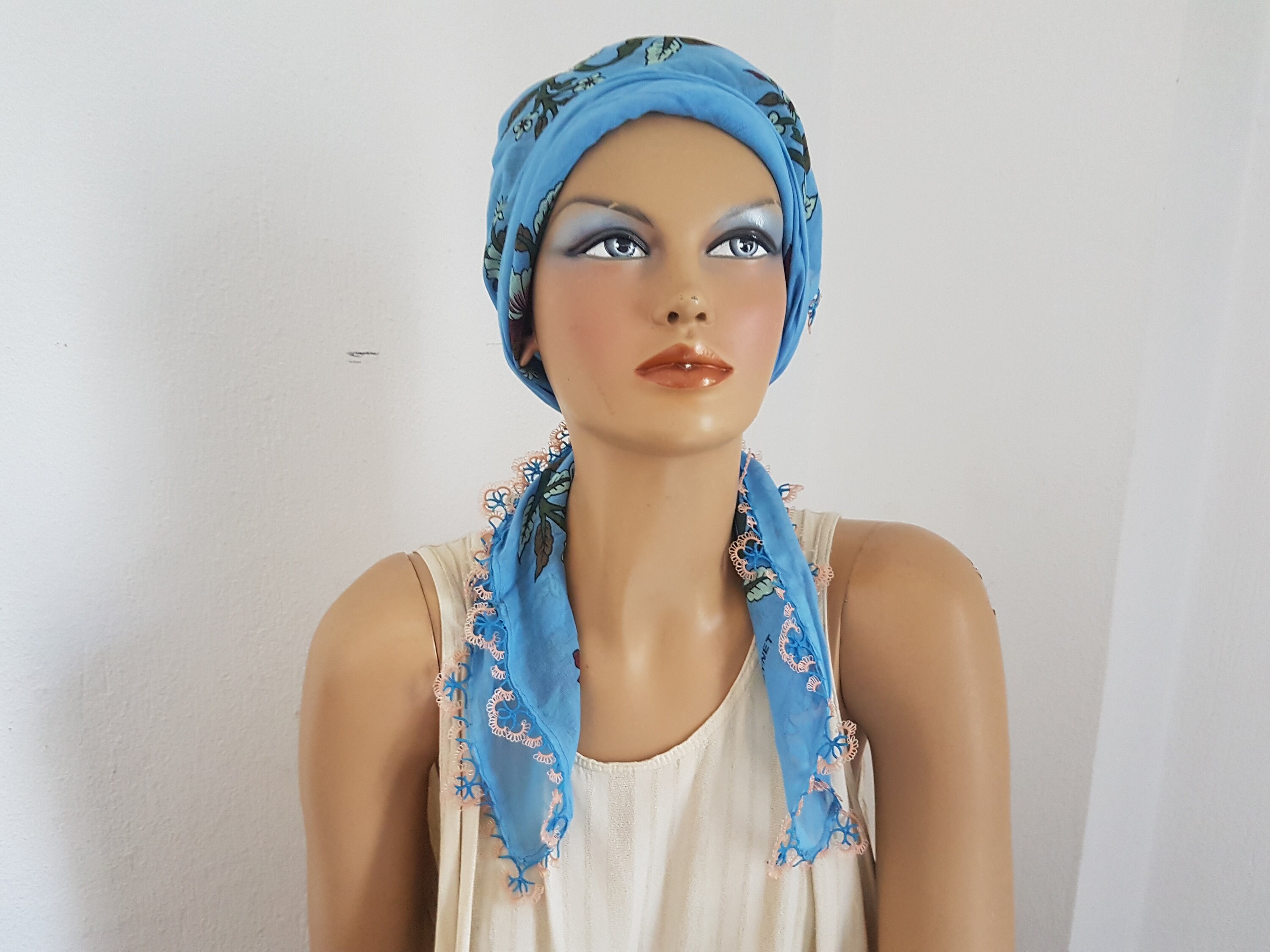 Blue cotton turkish scarf vintage oya headscarf tatted trim | Etsy