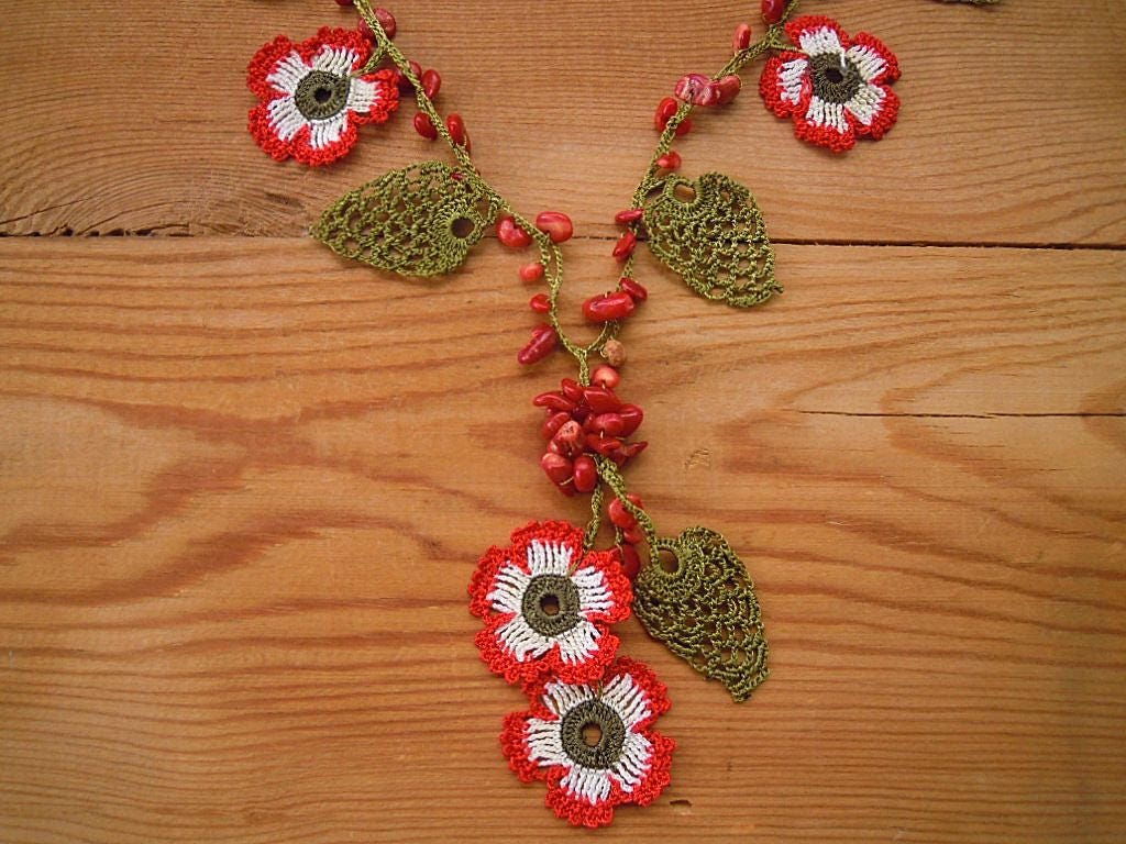 Red White Flower Necklace Turkish Oya Necklace Crochet | Etsy