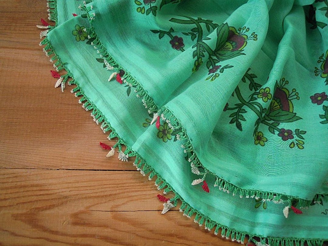 Green Vintage Turkish Scarf With Silk Needle Lace Oya Trim - Etsy