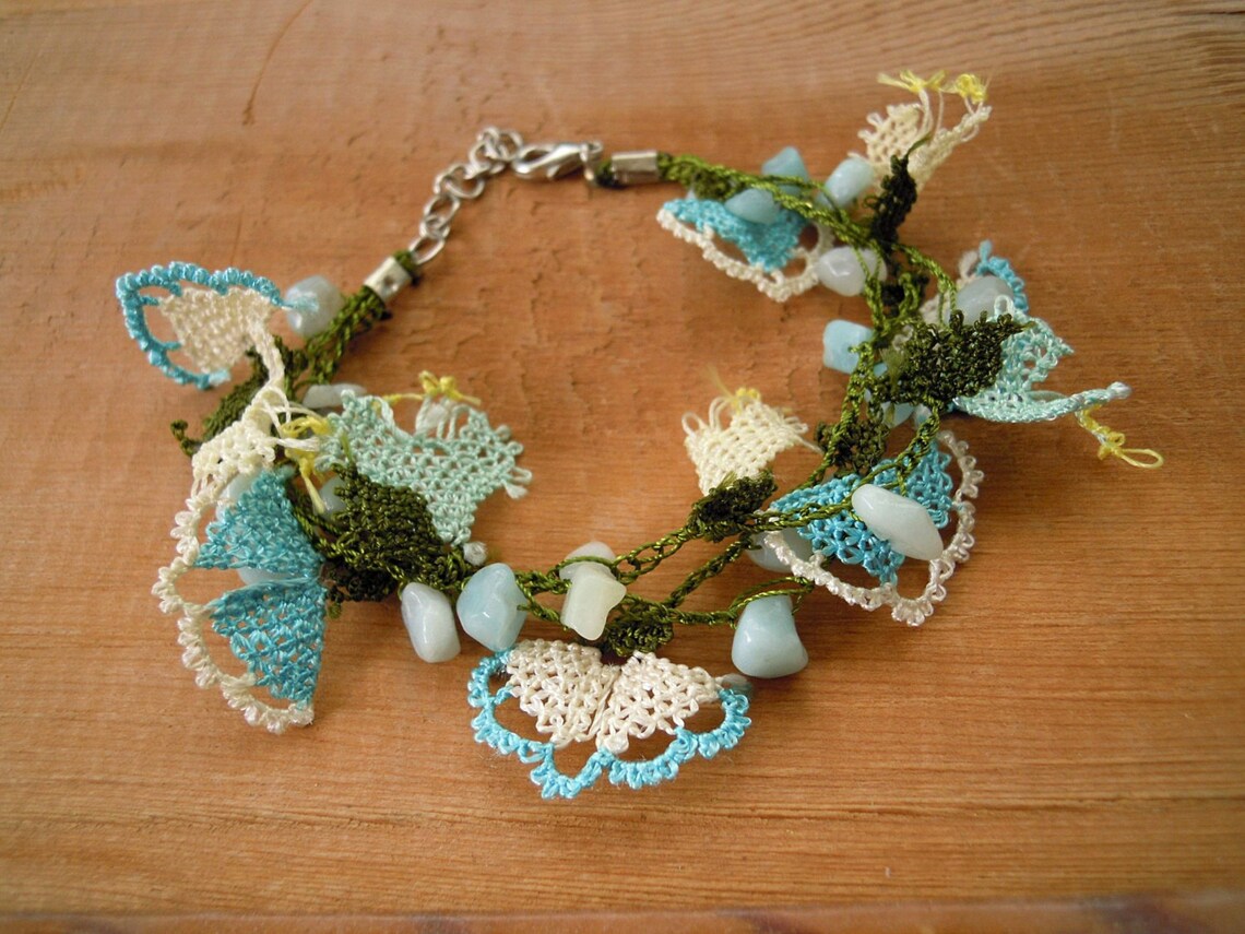 Aqua Bracelet With Needle Lace Flowers and Beads Flower | Etsy