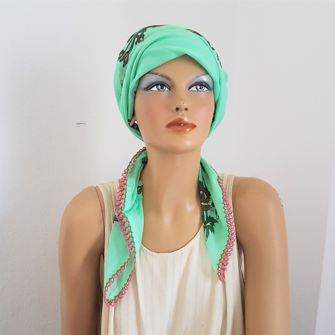 Green Cotton Scarf With Tatted Trim Vintage Turkish Headscarf - Etsy