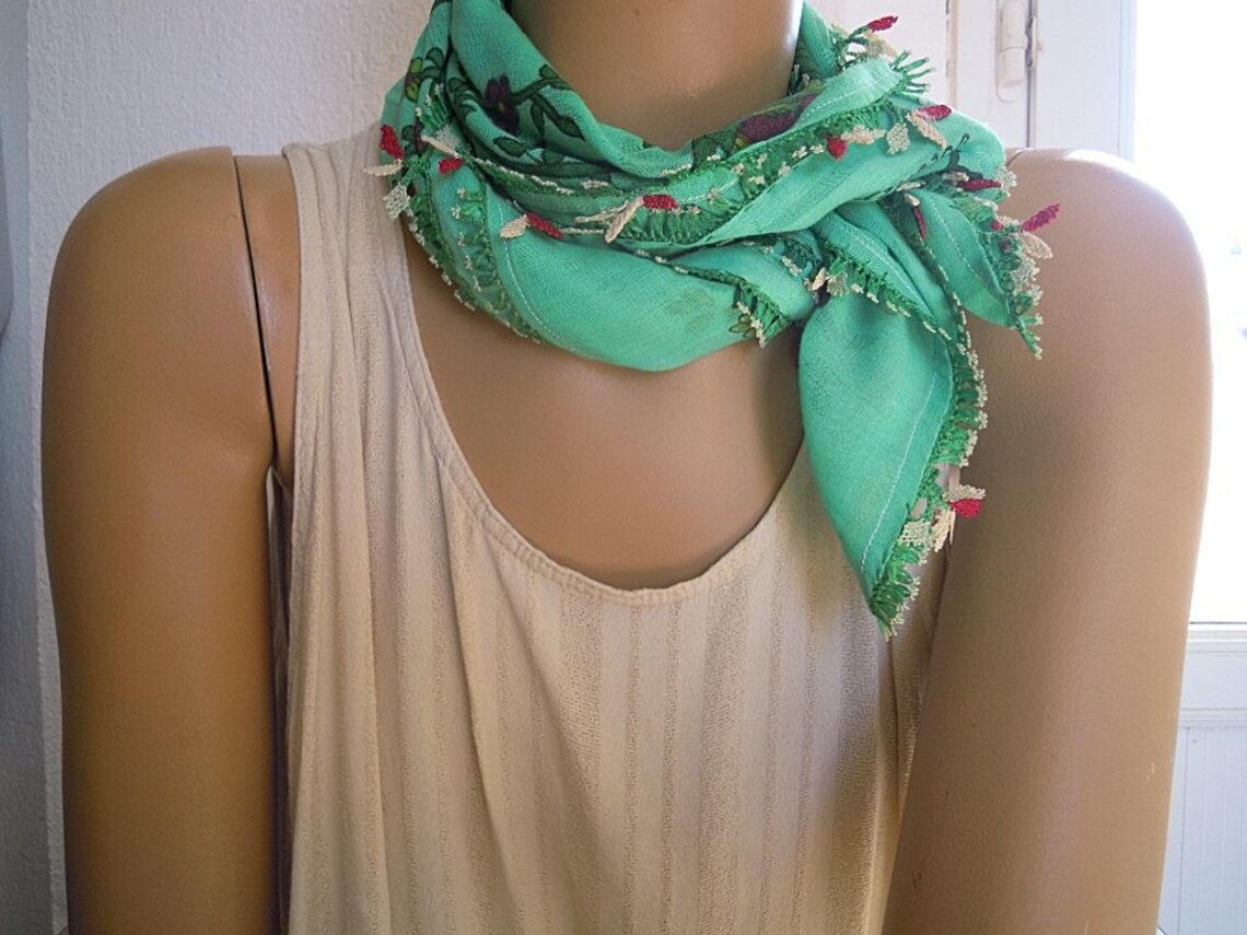 Green vintage turkish scarf with silk needle lace oya trim | Etsy
