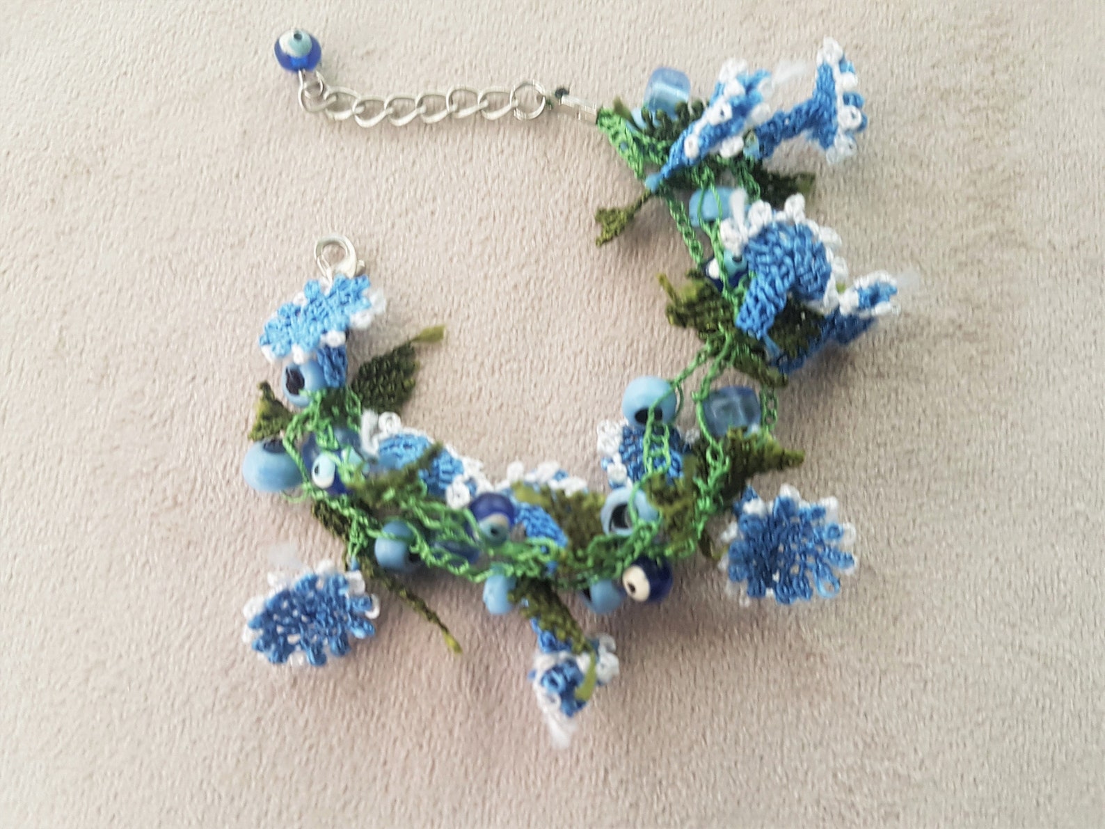 Blue Bracelet With Needle Lace Flowers and Beads Flower - Etsy