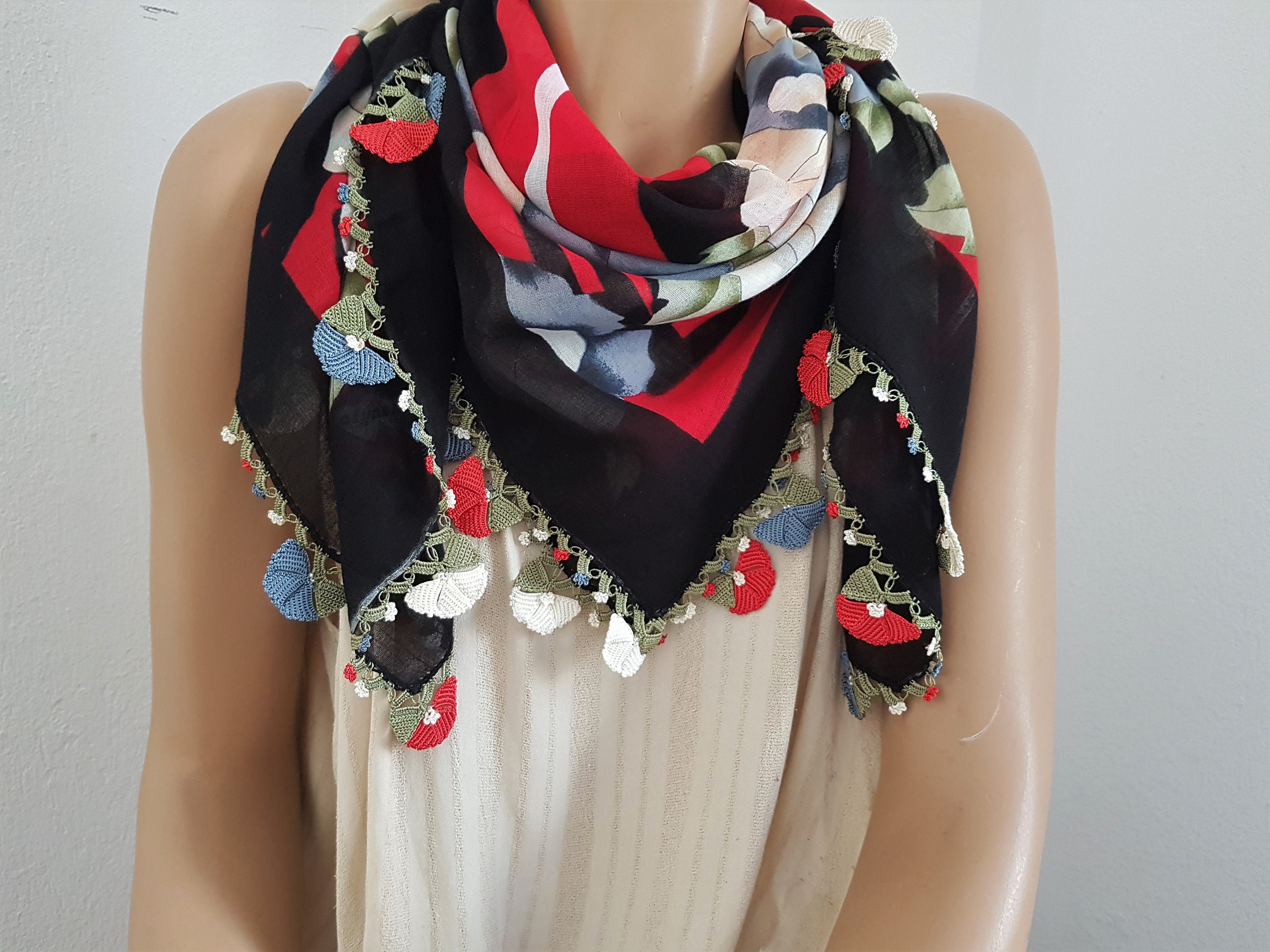 Cotton turkish headscarf with crochet flower trim | Etsy