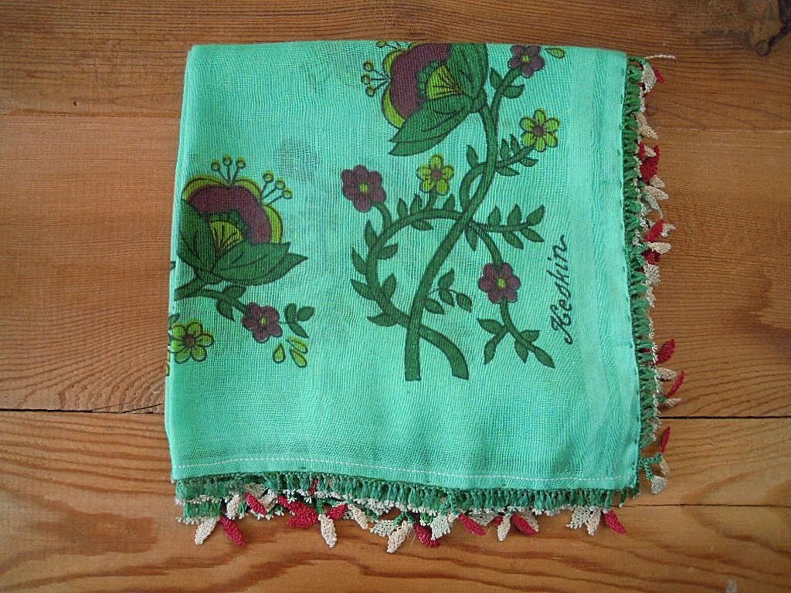 Green vintage turkish scarf with silk needle lace oya trim | Etsy