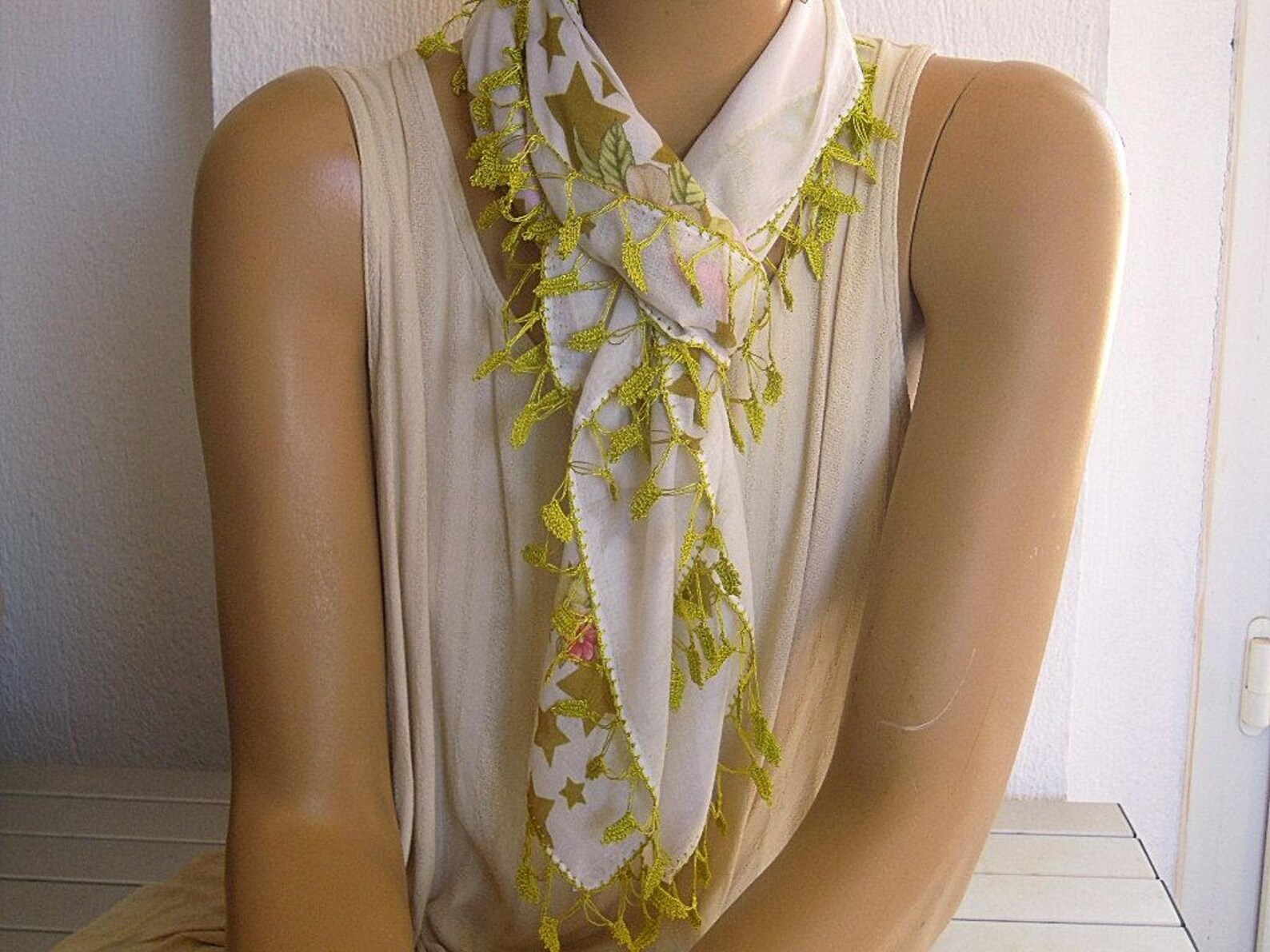 Turkish Scarf With Crochet Trim White Green Oya Scarf | Etsy