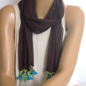 Brown Scarf With Turquoise Flowers, Crochet Cotton Scarf - Etsy UK