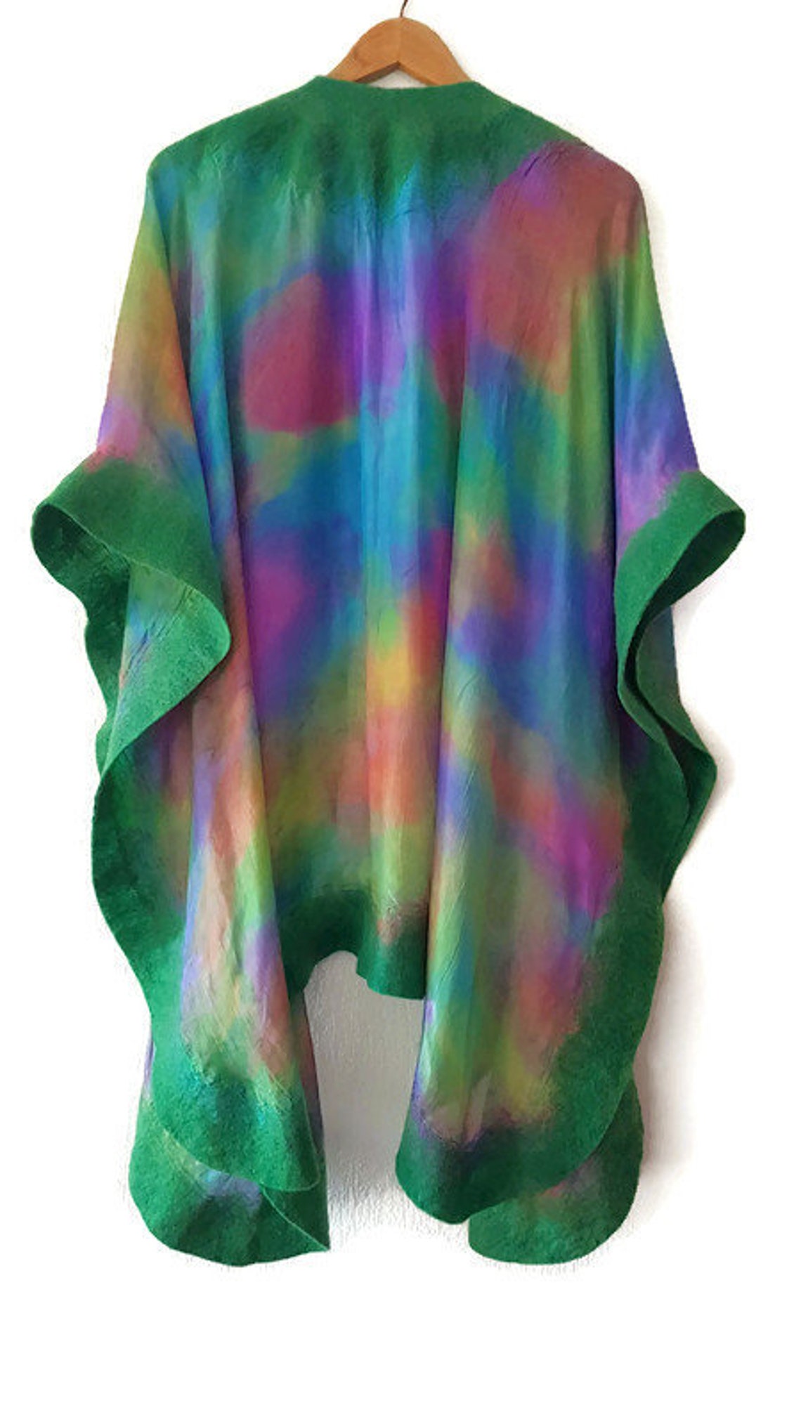 Multicolored silk poncho with green felted edges silk ruana | Etsy