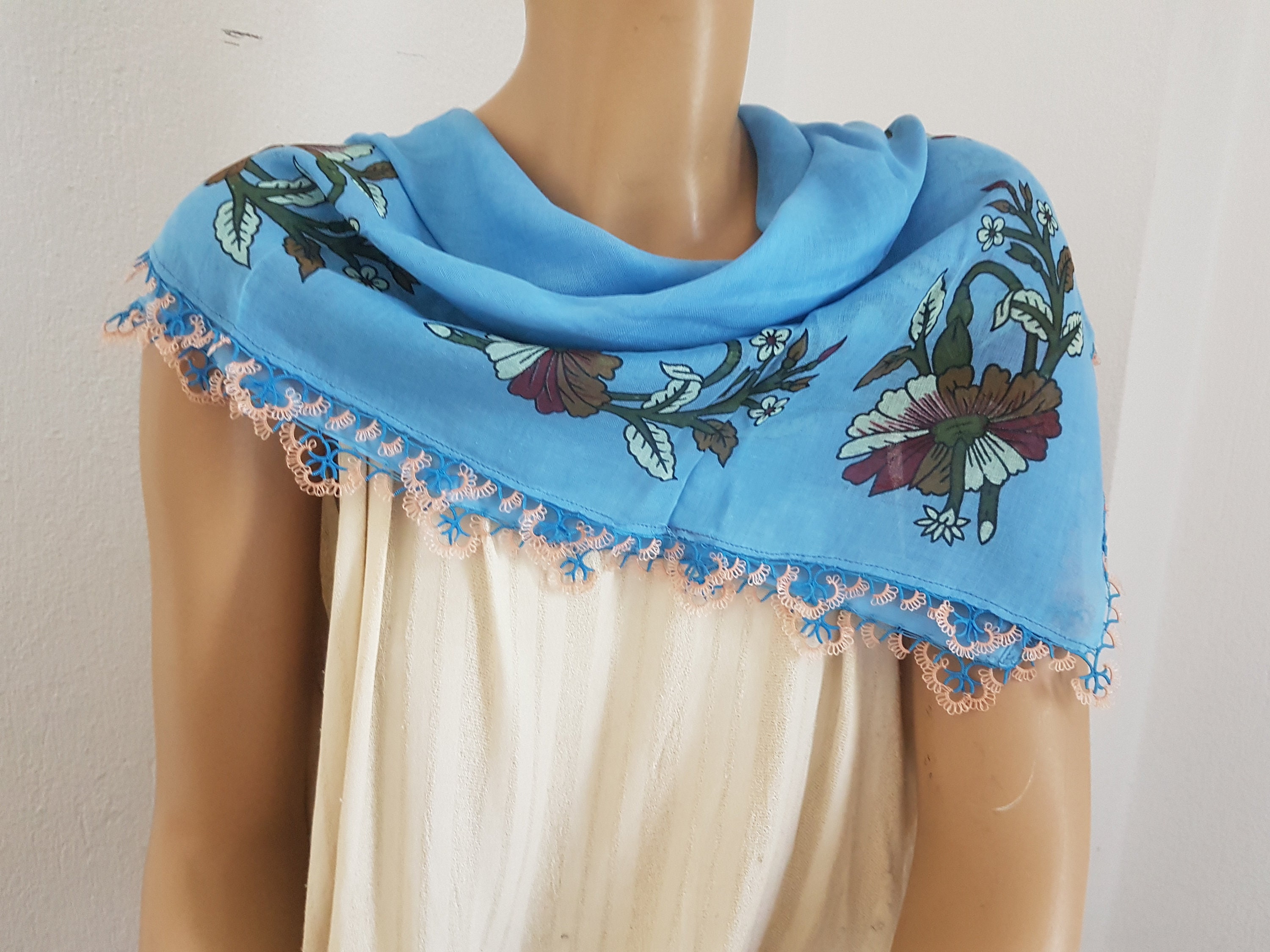 Blue Cotton Turkish Scarf Vintage Oya Headscarf Tatted Trim - Etsy New ...