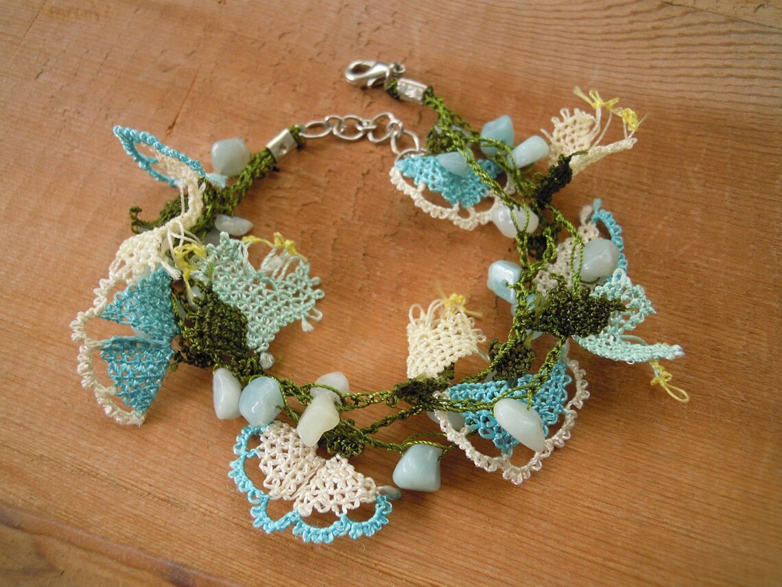 Aqua Bracelet With Needle Lace Flowers and Beads Flower | Etsy