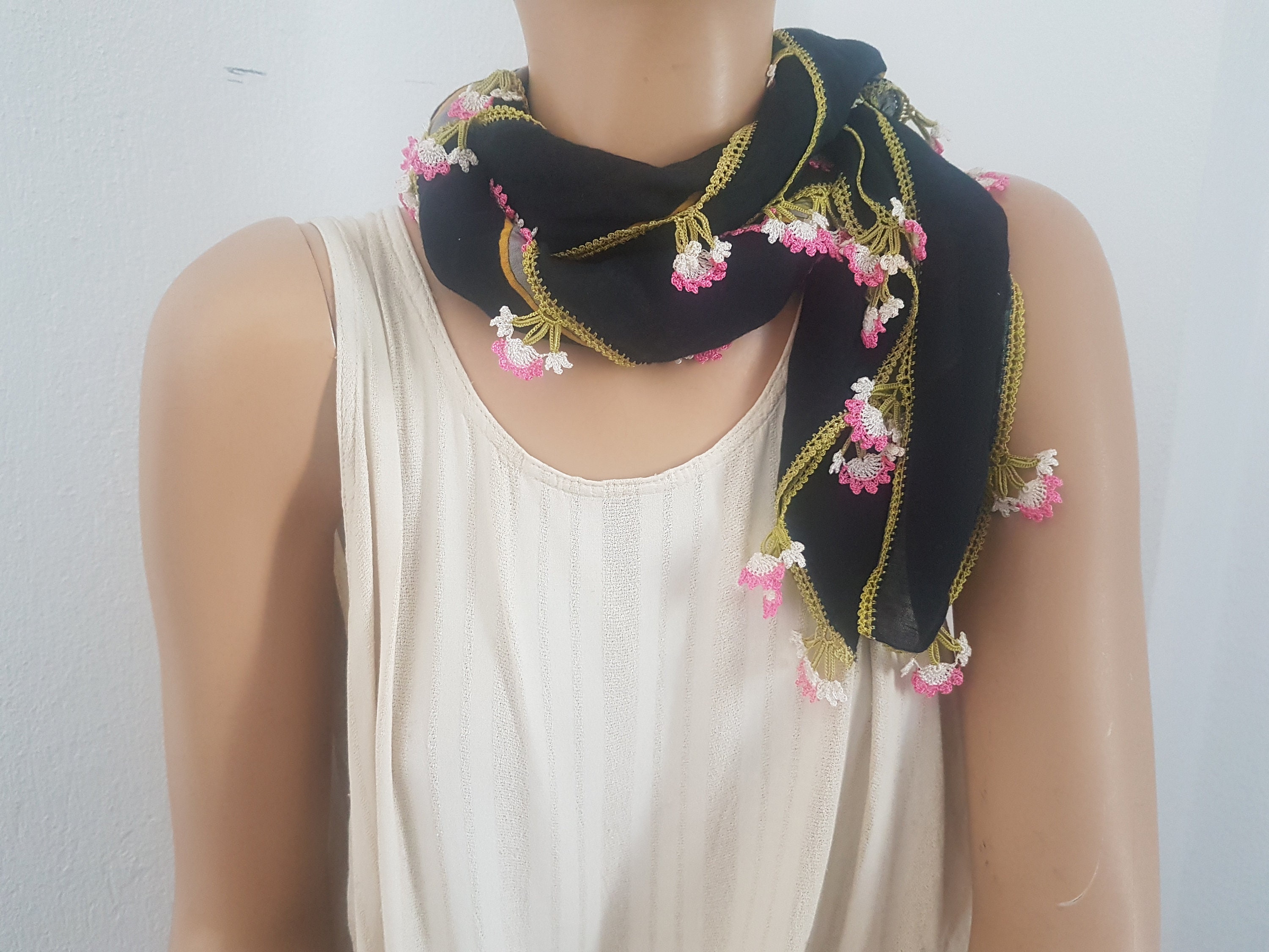 Turkish headscarf pink flower oya | Etsy