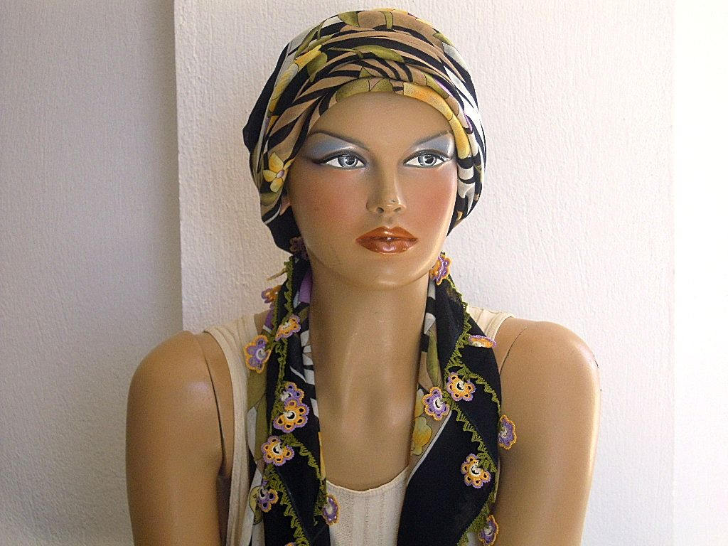 Turkish Scarf With Crochet Flower Trim Black Yellow Lilac | Etsy