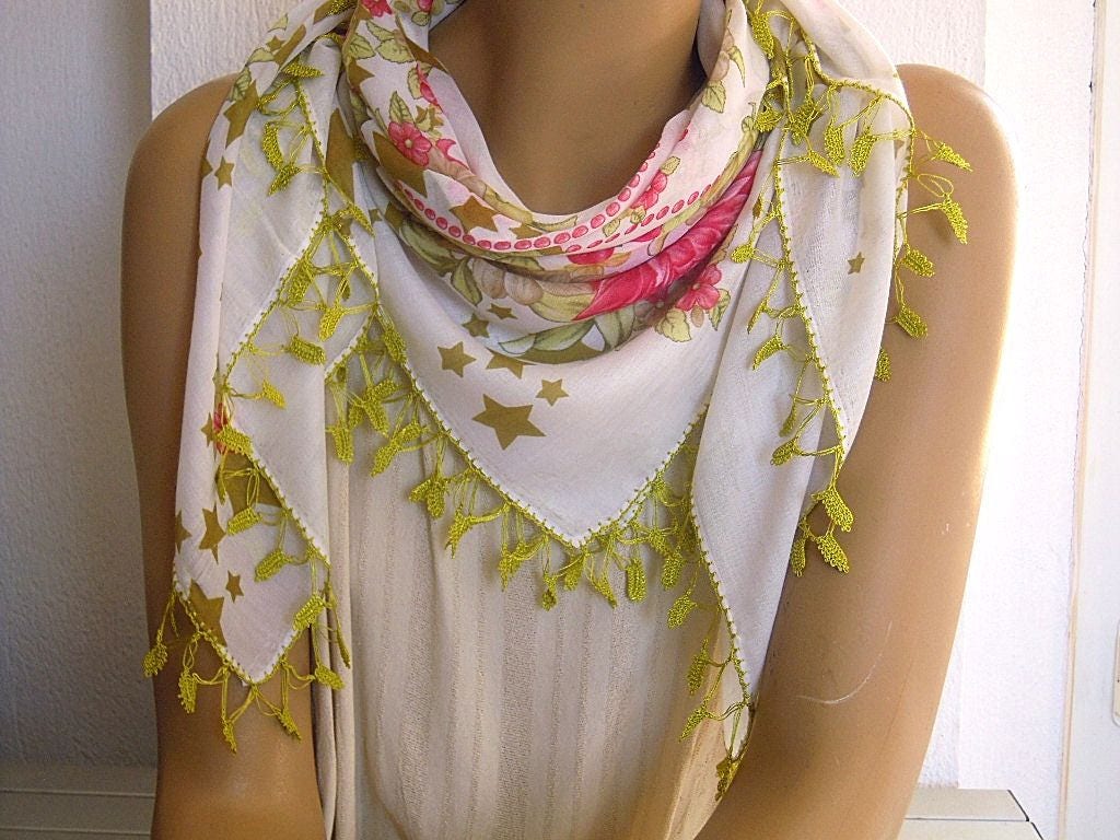 Turkish Scarf With Crochet Trim White Green Oya Scarf | Etsy