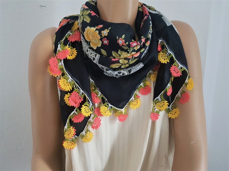 Black Cotton Turkish Headscarf With Handmade Flower Trim - Etsy