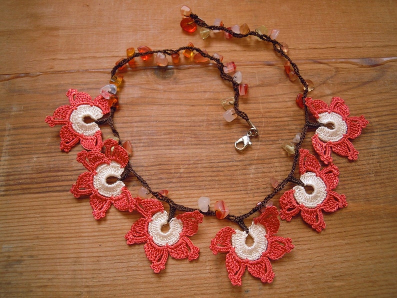 Short Oya Necklace Orange White Crochet Flower - Etsy